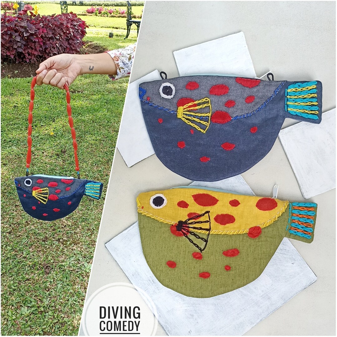 Pufferfish Bag, Embroidered Linen Bag, Whimsical Purse, Sashiko Purse ...