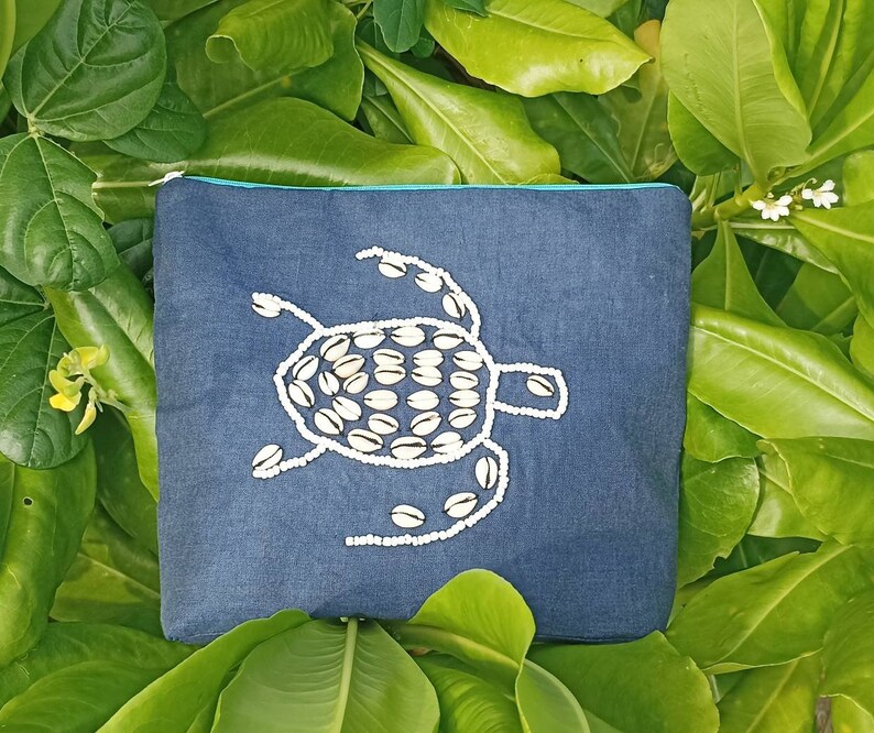 Large Linen Purse With Strap Sea Turtle Embellishment Cowrie - Etsy