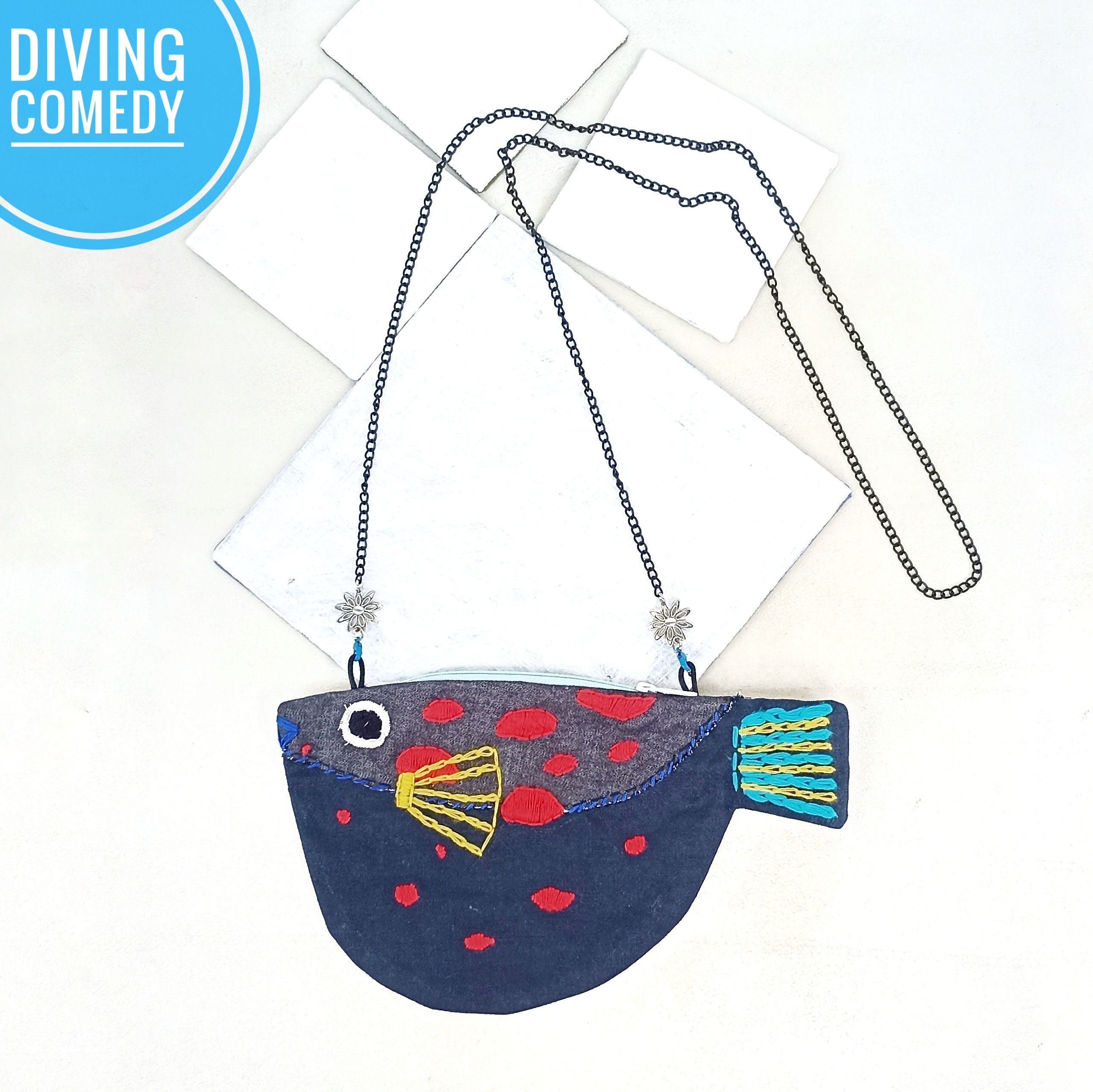 Pufferfish Bag, Embroidered Linen Bag, Whimsical Purse, Sashiko Purse ...