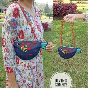 Pufferfish Bag, Embroidered Linen Bag, Whimsical Purse, Sashiko Purse ...