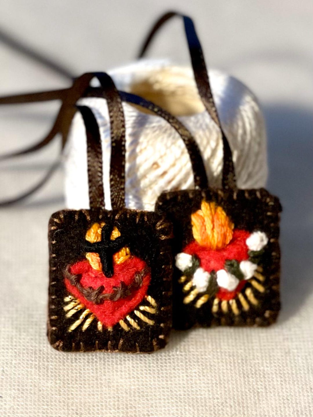 Sacred Heart of Jesus Brown Scapular, Small Handmade Embroidered Wool ...