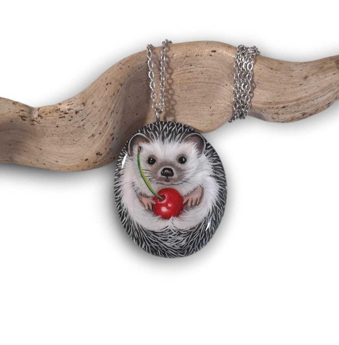 Hedgehog Pendant With a Cherry, Hand Painted, Sea Pebble, With ...