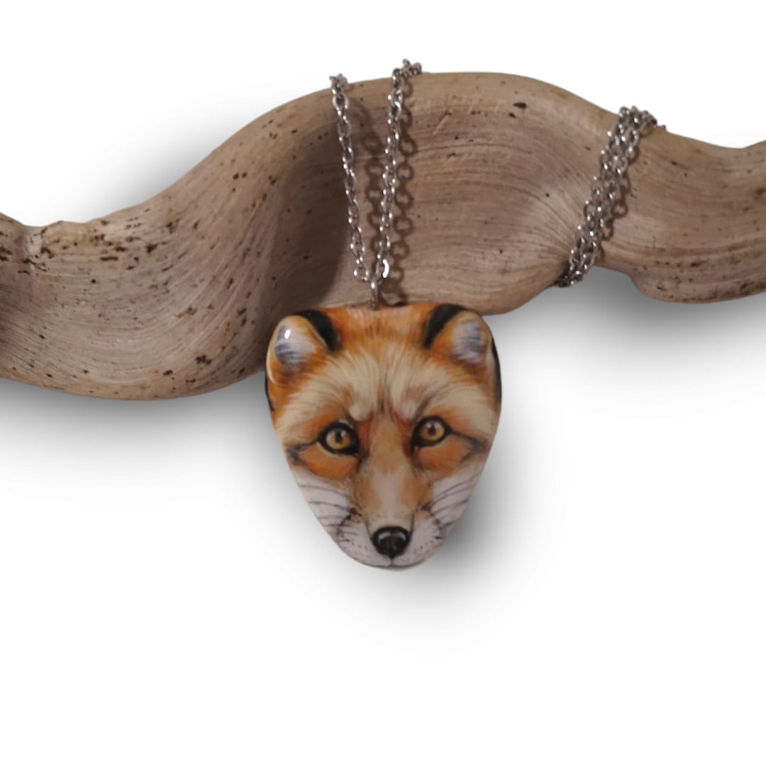 Hand-painted Fox Head Pendant, Sea Pebble, With Stainless Steel ...