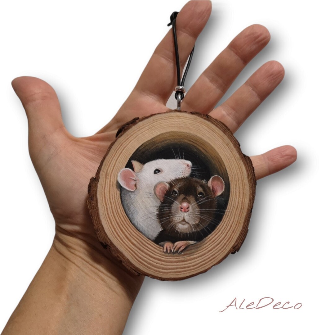 Hand-painted Wooden Slice With Mice. 3D Painting. Home Decoration. Fine ...