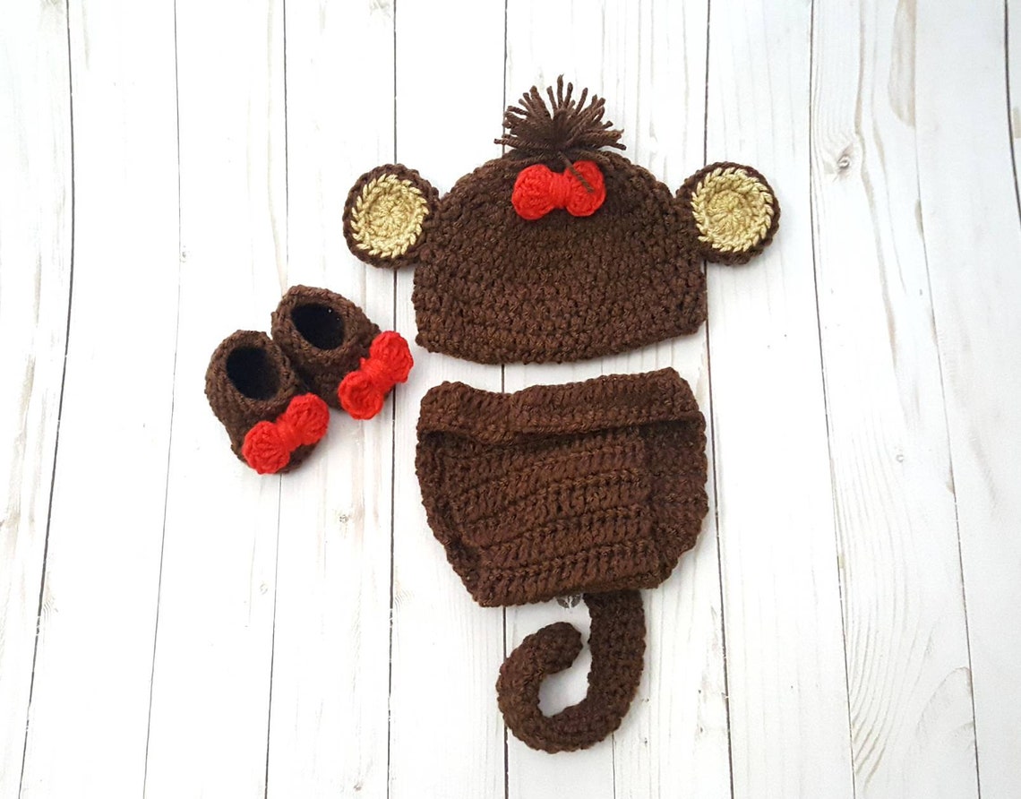 Crochet Monkey Costume, Baby Photo Prop Outfit, Diaper Cover Set - Etsy