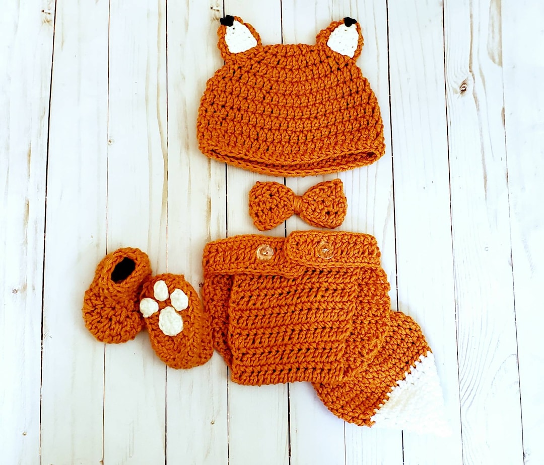 Handmade Crochet Baby Fox Outfit, Forest Costume Set, Fox Hat & Diaper ...