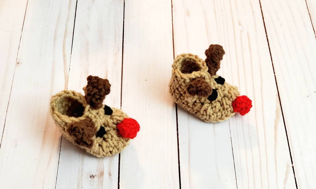 Rudolph Reindeer Baby Slippers, Christmas Red Nose Reindeer Crochet ...