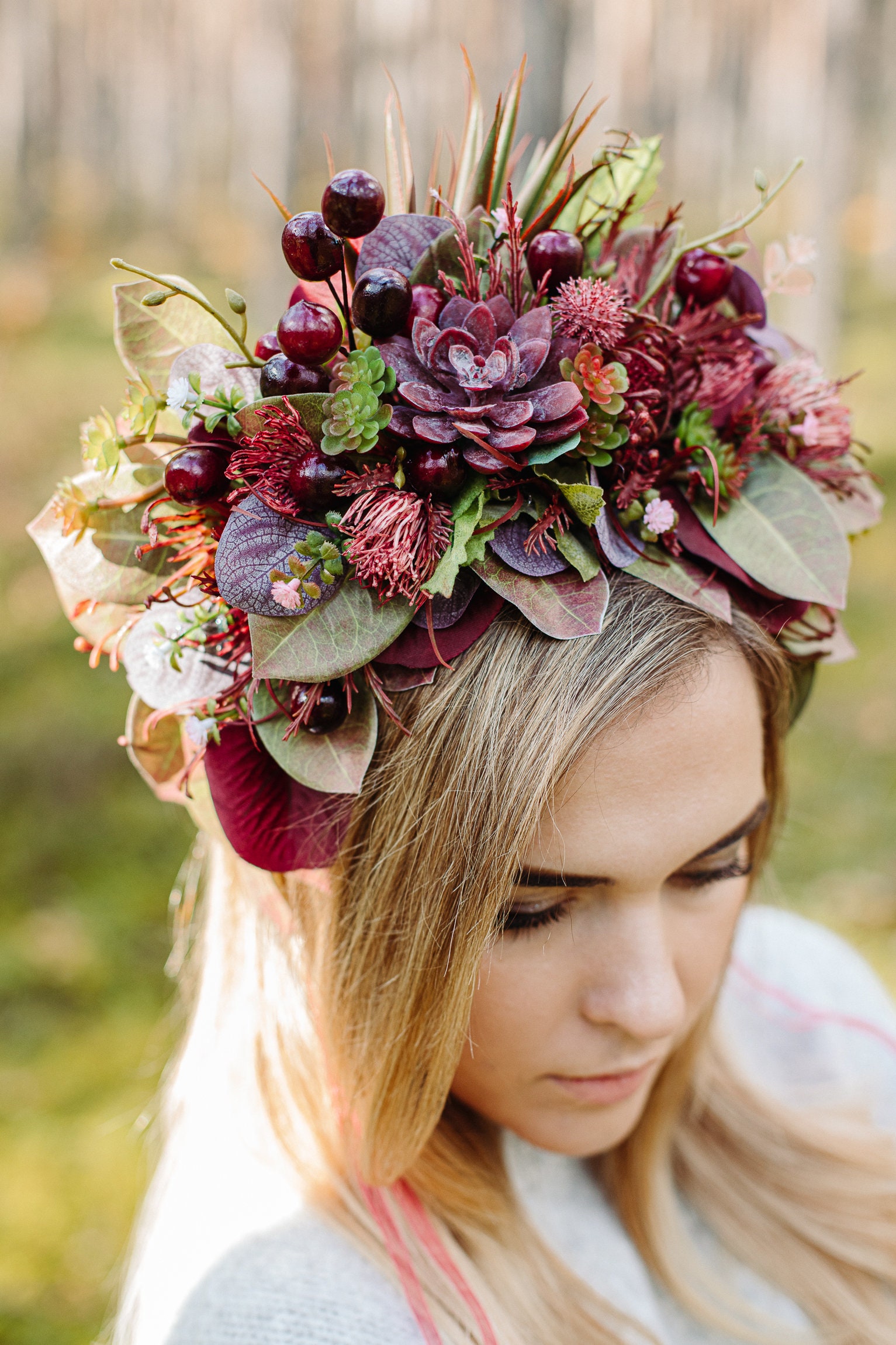 Midsommar Flower Crown, Red Burgundy Flower Crown, Succulent Headband ...