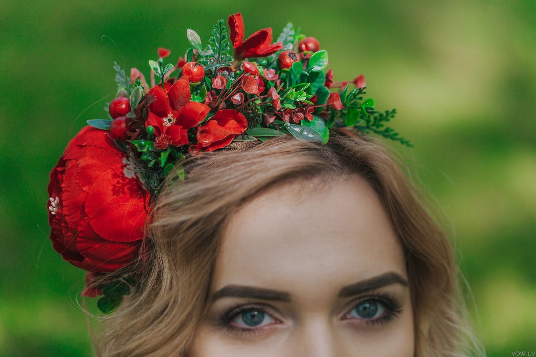 Rose Peony Flower Crown, Red Peony Crown, Flower Crown, Greenery Crown ...