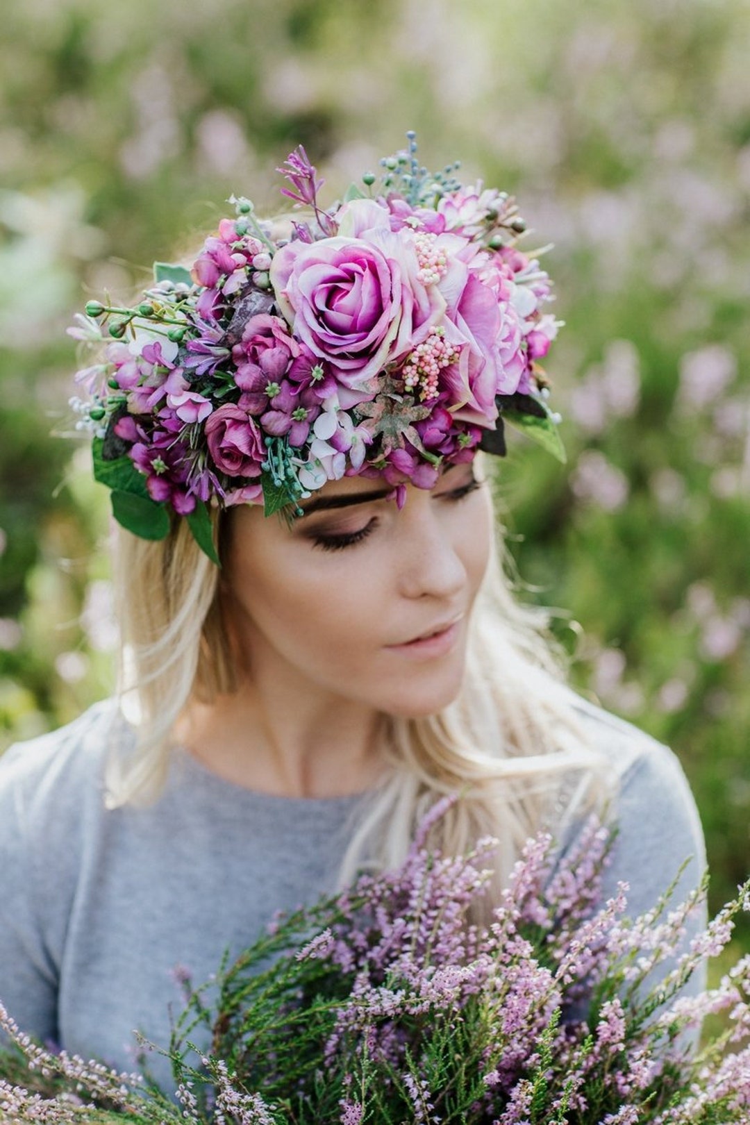 Midsommar Flower Crown, Purple Rose Headpiece, Braided Headband, Large ...