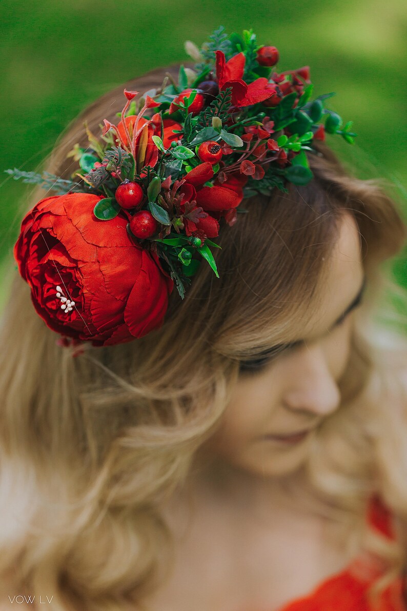 Rose Peony Flower Crown, Red Peony Crown, Flower Crown, Greenery Crown ...