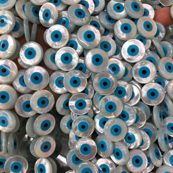 5pcs Mother Of Pearl Shell Evil Eye Beads Flat Round Beads | Etsy