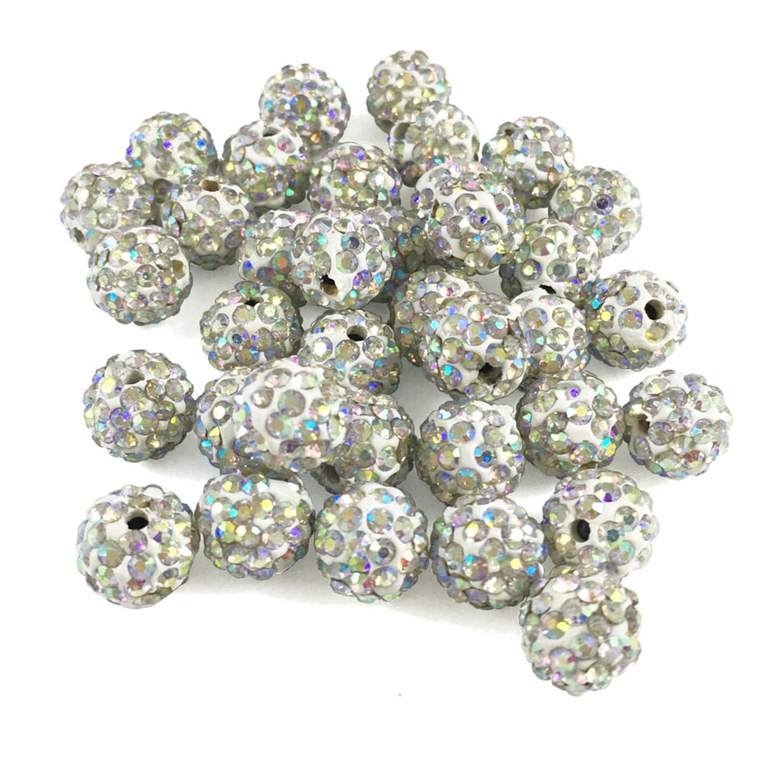 50pcs White Crystal Ball Beads, AB Disco Ball Beads, Crystal Pave Beads ...