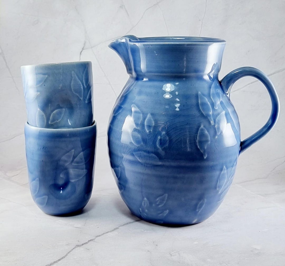 Set of Blue Pitcher and Two Cups Decorated With Leaves Handmade Ceramic ...