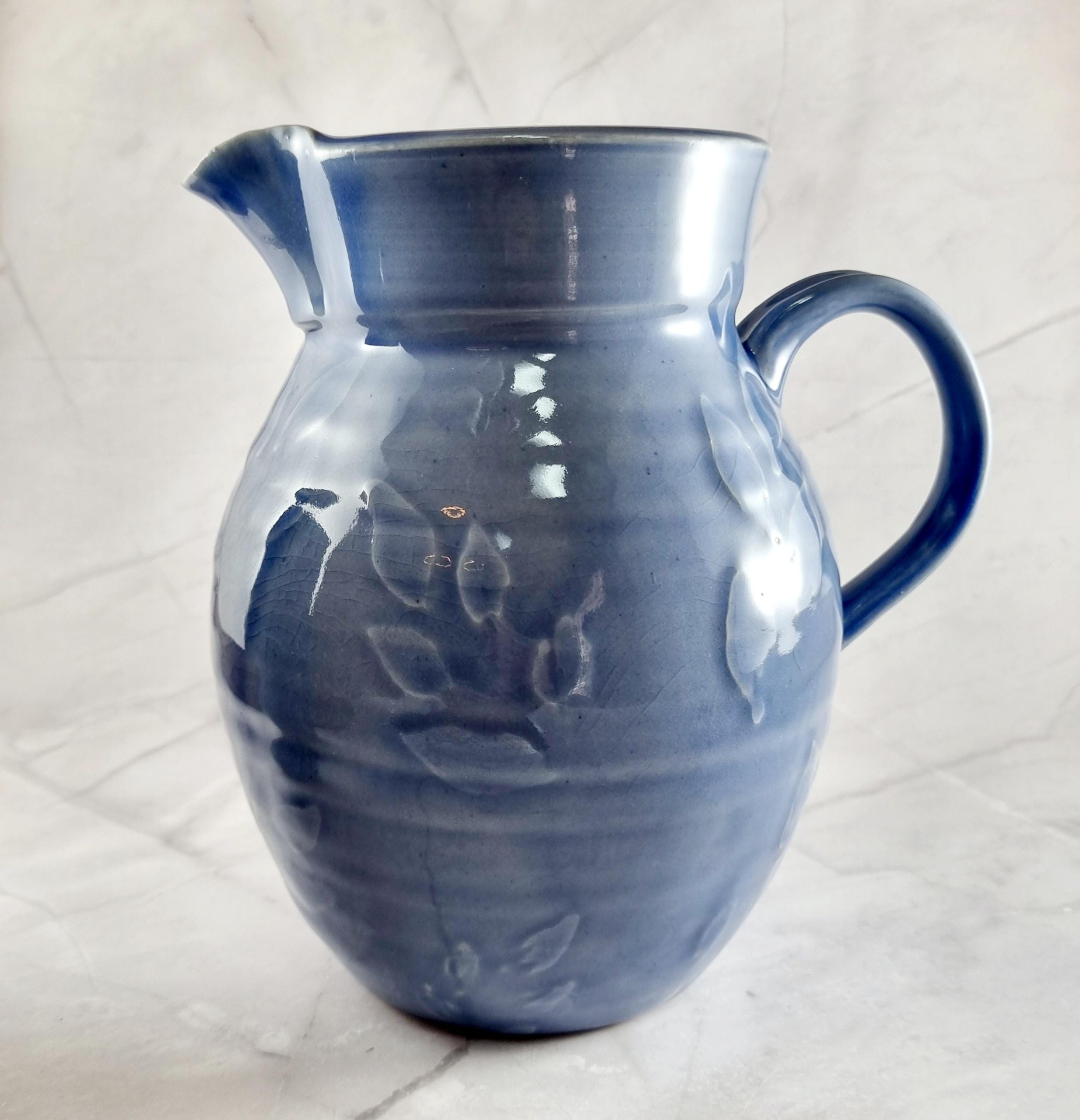 Set of Blue Pitcher and Two Cups Decorated With Leaves Handmade Ceramic ...