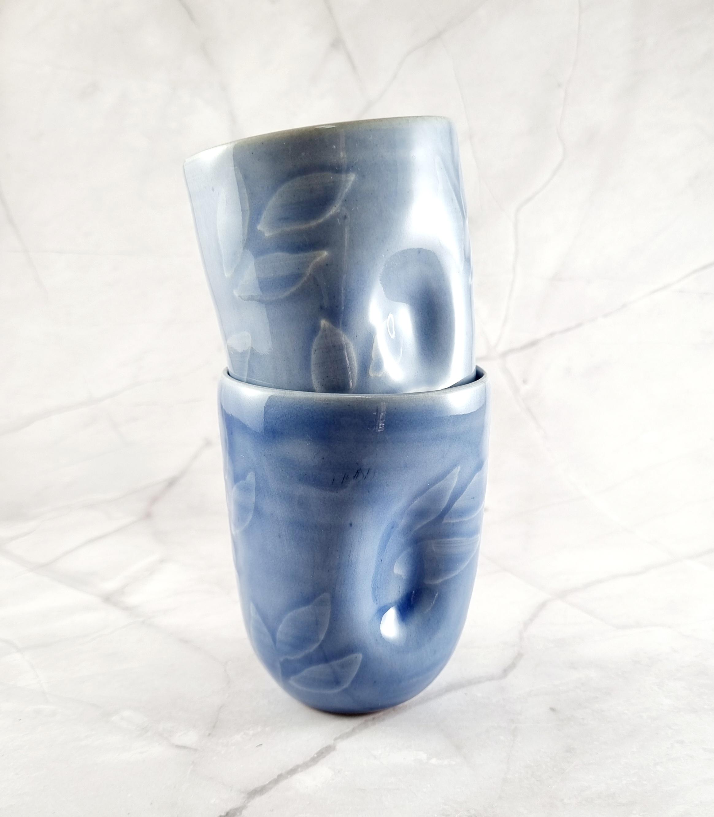 Set of Blue Pitcher and Two Cups Decorated With Leaves Handmade Ceramic ...