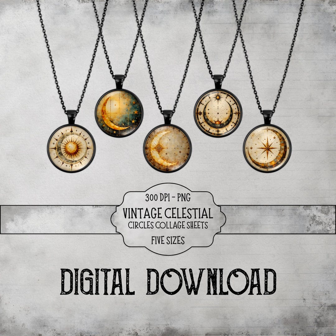 Vintage Celestial Circle Collage Sheets: Printable Cabochon Designs ...
