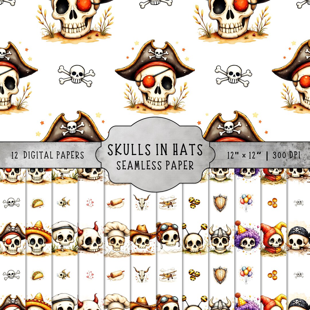 Whimsical Cartoon Skull Seamless Patterns: Halloween Digital Paper ...
