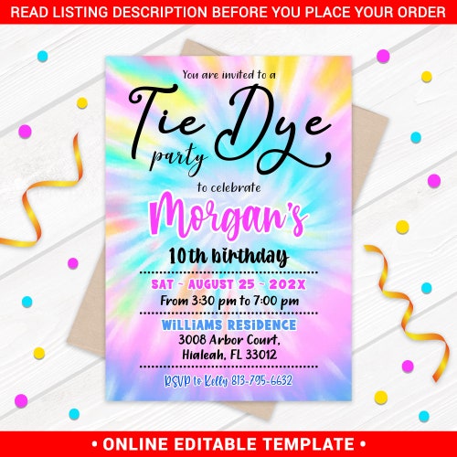 Editable Tie Dye Birthday Party Invitation Hippie Birthday | Etsy