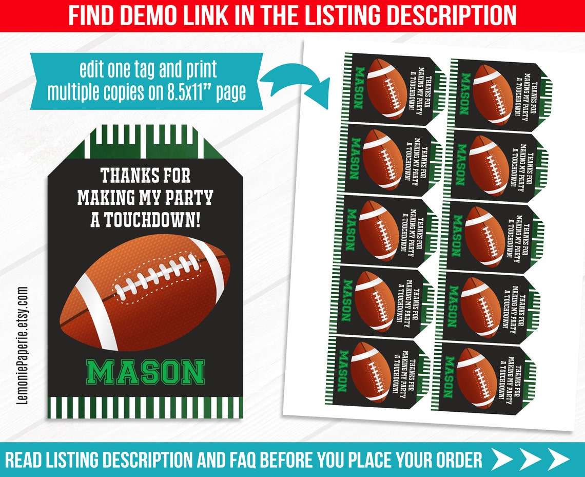 Football thank you tags editable football party favor tag | Etsy