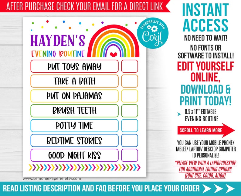 Evening Routine Chart Evening Checklist Printable Checklist | Etsy