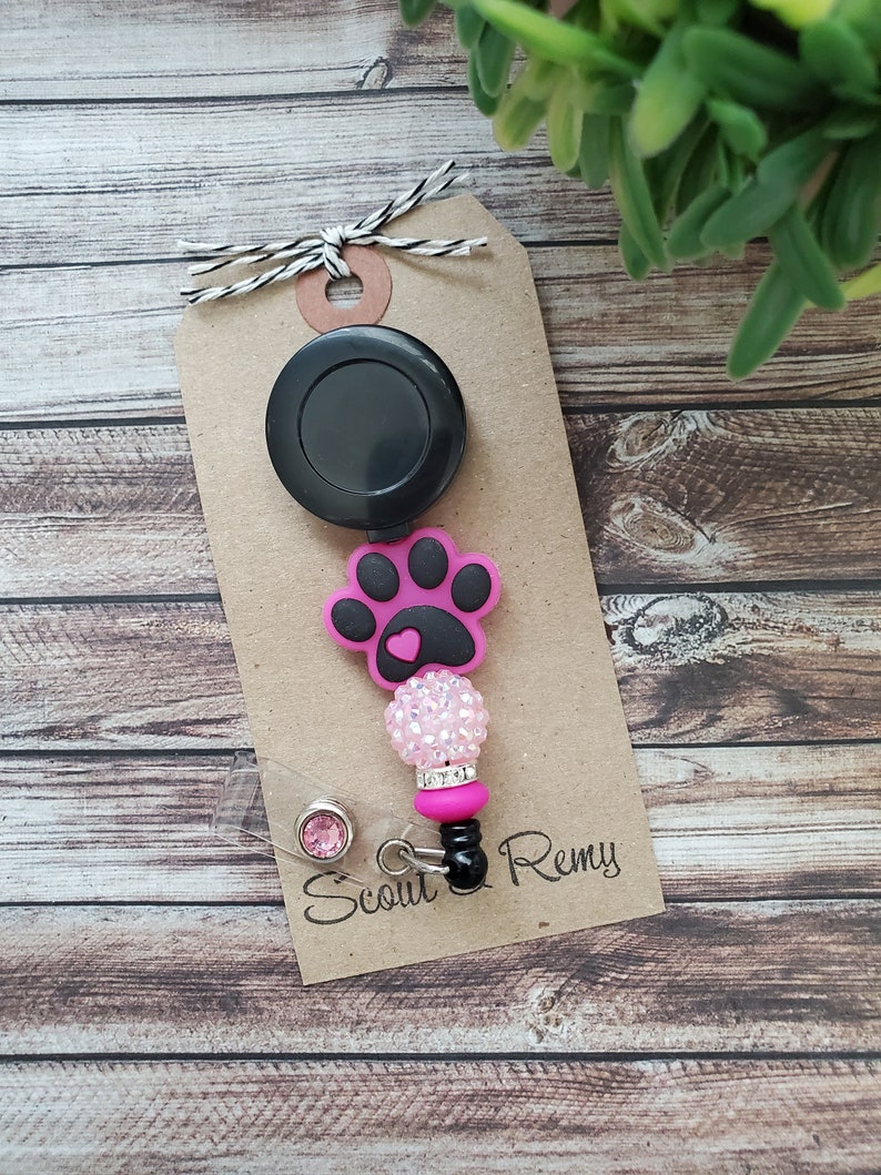 Paw Print Retractable Beaded Badge Reel Pink - Etsy