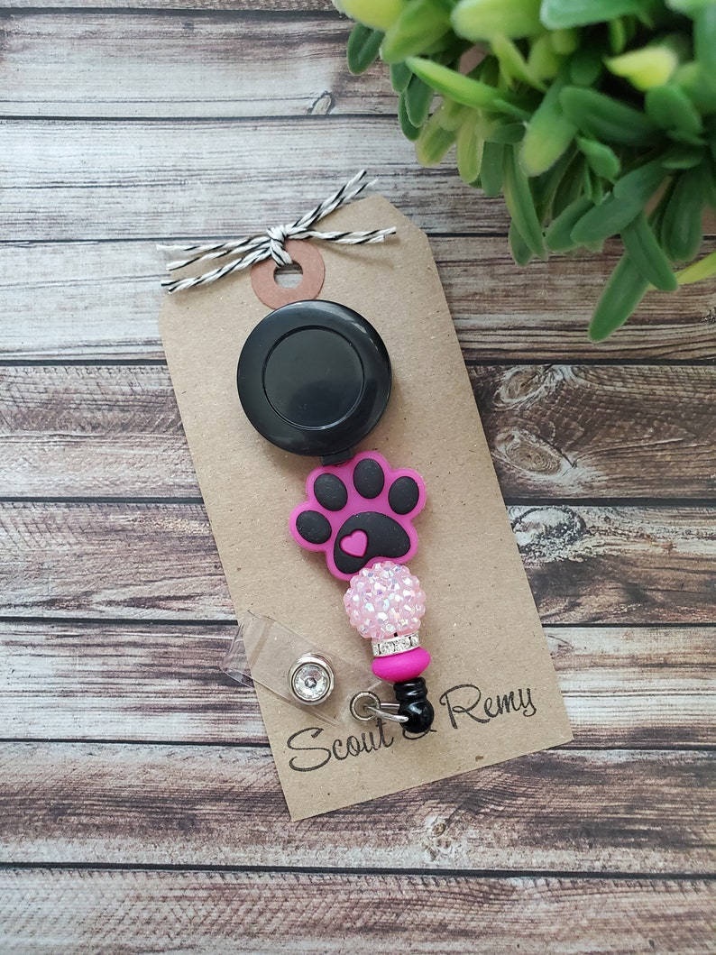 Paw Print Retractable Beaded Badge Reel Pink - Etsy