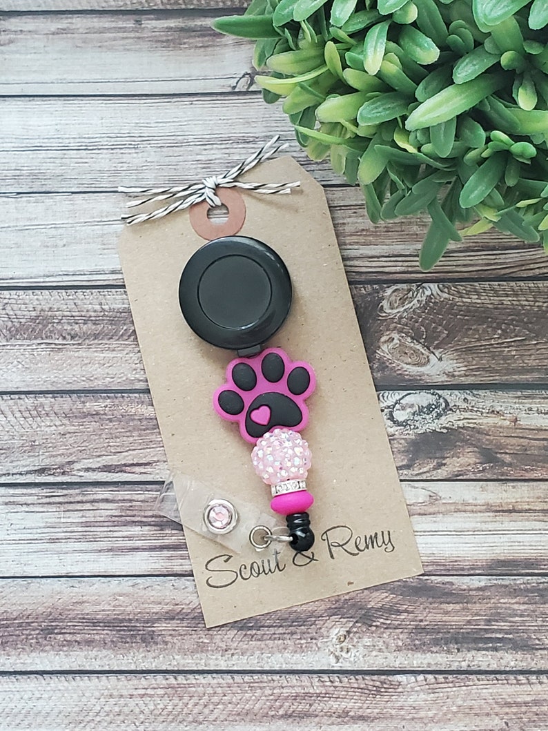 Paw Print Retractable Beaded Badge Reel Pink - Etsy