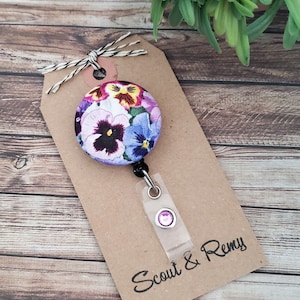 Spring - Badge Reel - Pansy - Floral -purple & Yellow Pansies ...