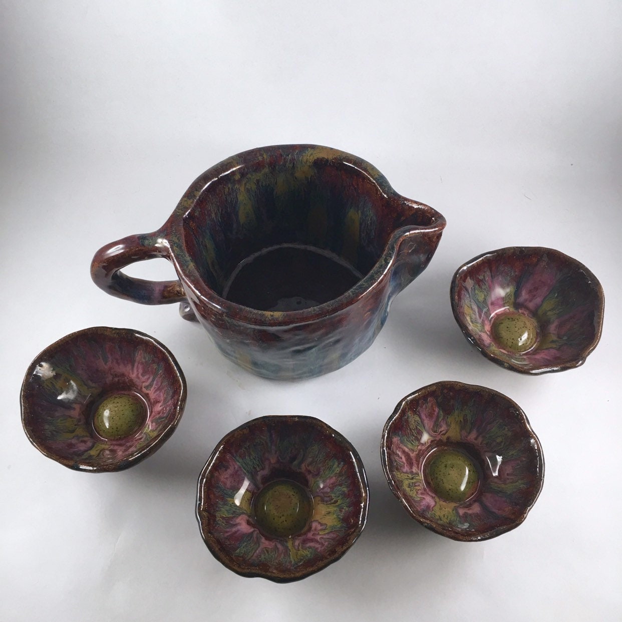 Pitcher and Cup Set Rustic Hand Built Green Blue | Etsy