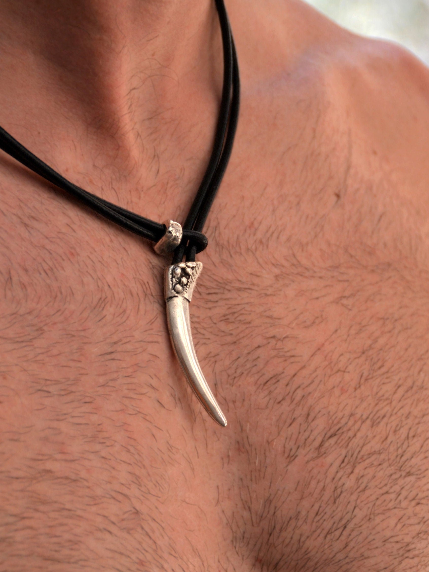 Wolf Tusk Necklace Silver Wolf Tooth Pendant Leather Men | Etsy