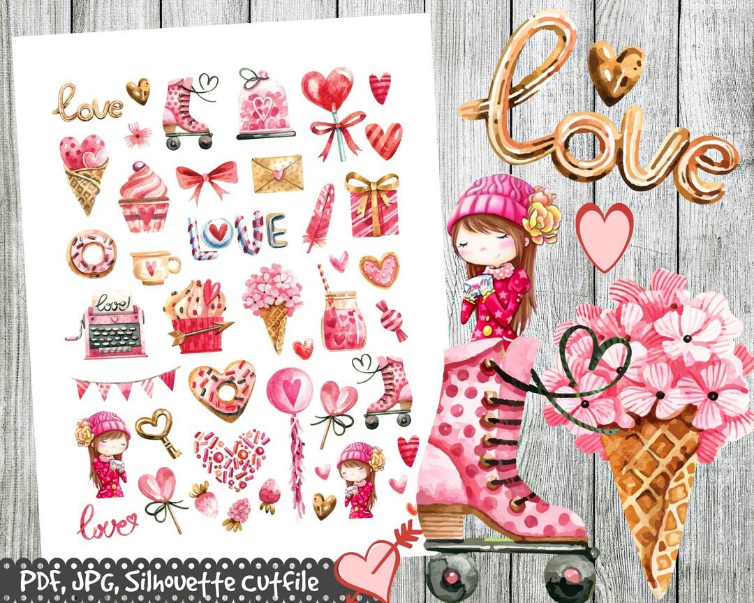 Valentines Stickers, Printable Planner Stickers, Watercolor Stickers ...
