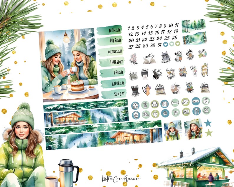 Winter Adventure Planner Stickers: Watercolor Skiing Weekly Kit ...