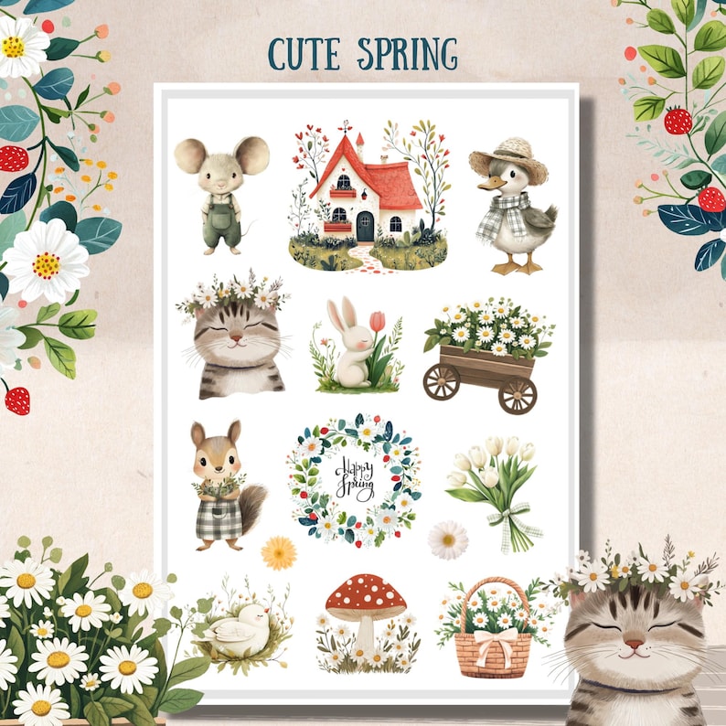 CUTE Spring Watercolor Printable Stickers: Spring Animals Planner ...