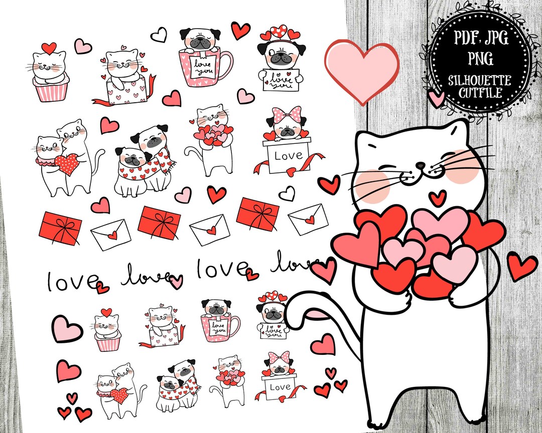 Cute Valentine Cat and Dog Printable Planner Stickers, Kawaii Stickers ...