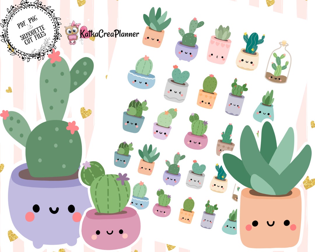 Cute Cactus Printable Planner Stickers, Kawaii Cacti, Bullet Journal ...