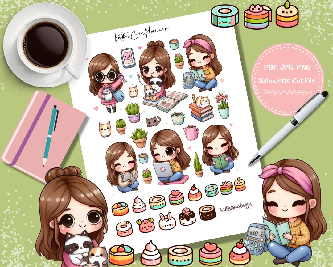 CUTE PLANNER GIRL Printable Stickers/kawaii Cat Stickers/girl ...