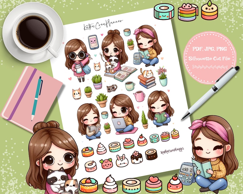 CUTE PLANNER GIRL Printable Stickers/kawaii Cat Stickers/girl ...