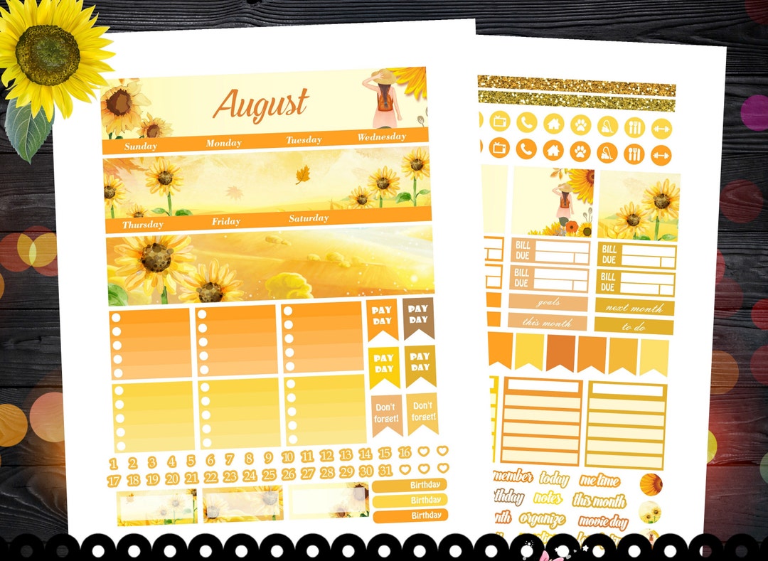 AUGUST Monthly Kit, Printable August Monthly Stickers, Sunflower ...