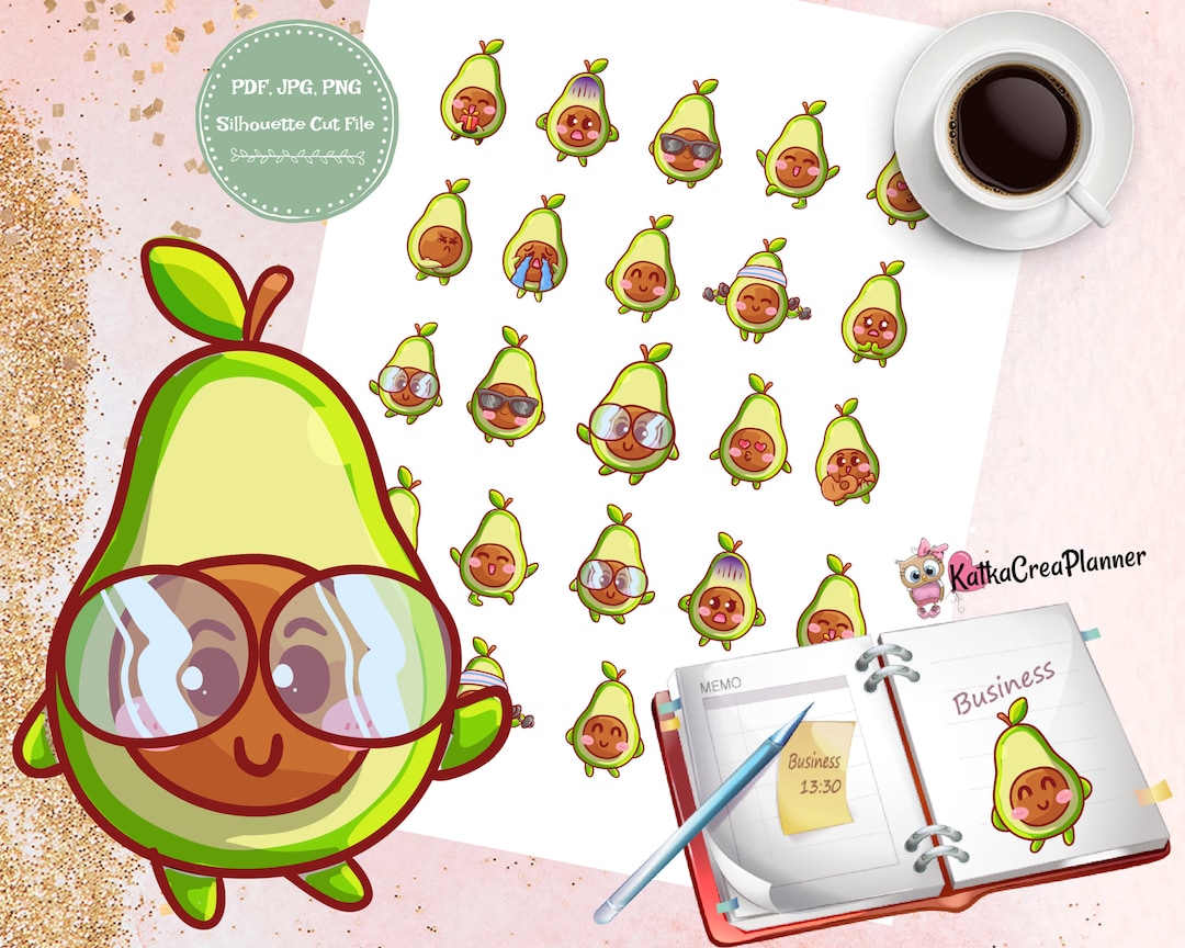Cute Avocado Printable Planner Stickers, Kawaii Stickers, Bullet ...