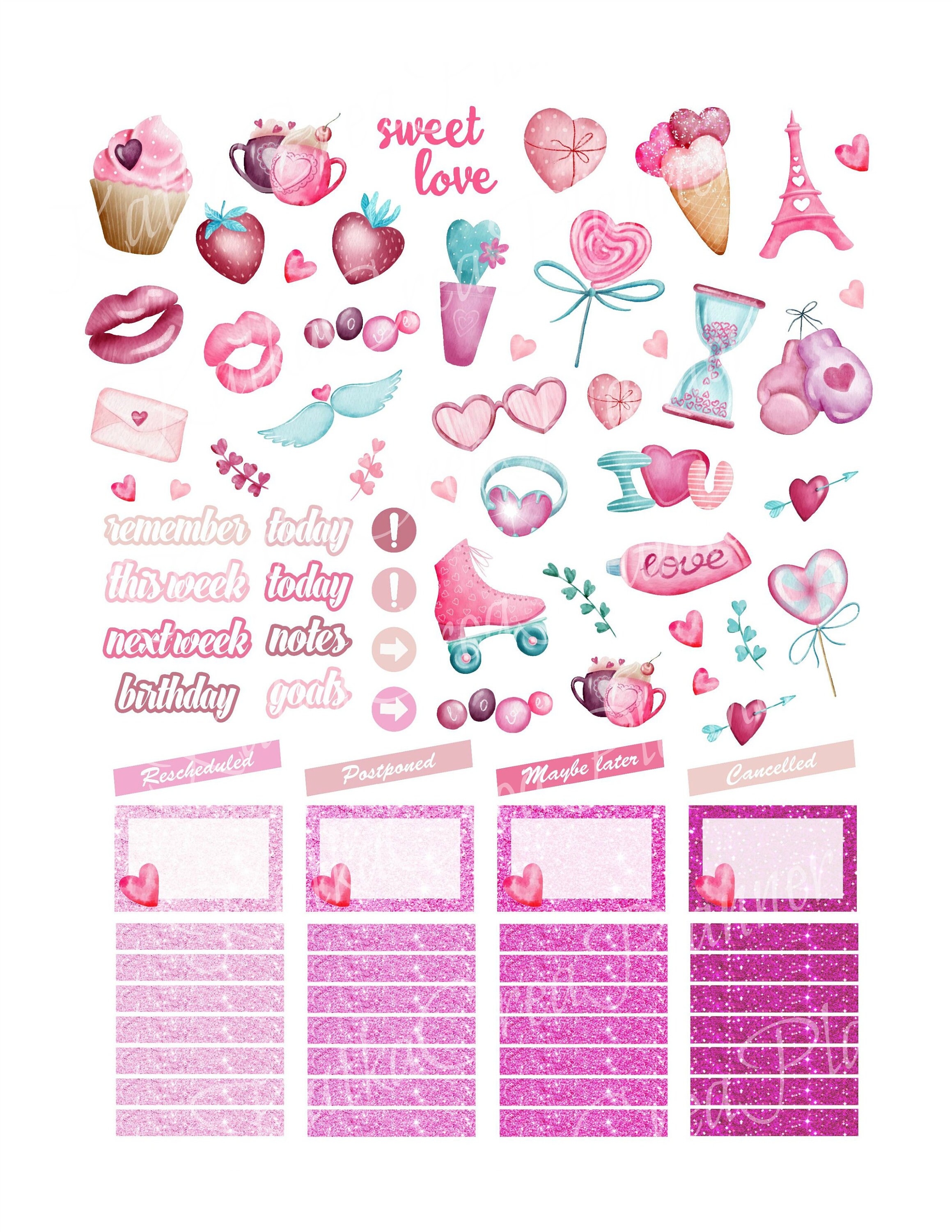 Pink Love Printable Planner Stickers Valentines Day Weekly | Etsy