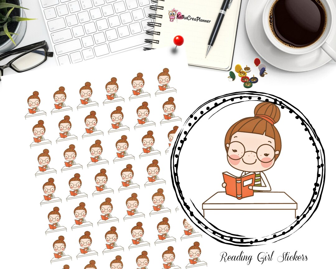 Printable Reading Planner Girl Stickers, Library Girl Planner Stickers ...