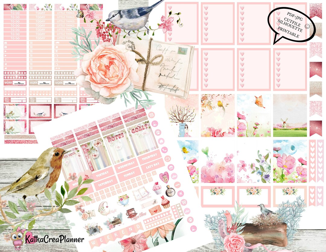 Watercolor Flower Planner Stickers: Pastel Pink Weekly Kit (printable ...