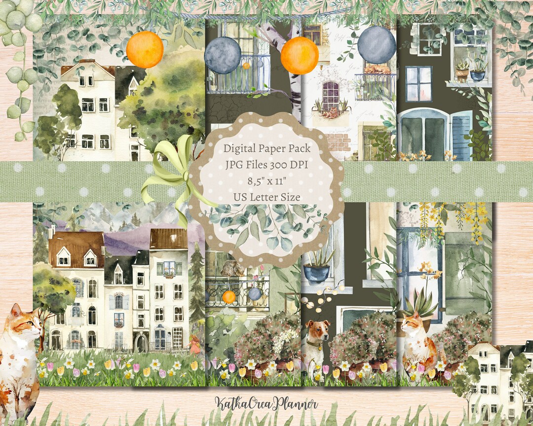 Watercolor Town Digital Paper Pack: Scrapbook Collage Sheets (digital ...