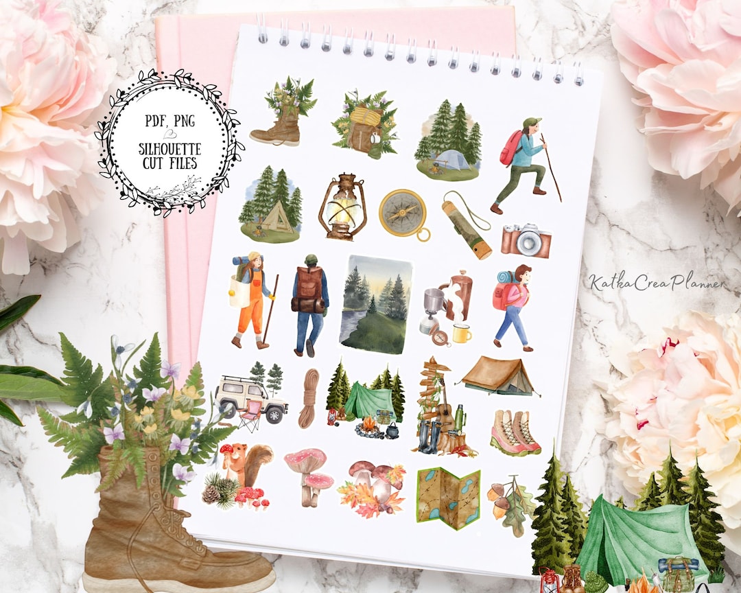 HIKING Printable Planner Stickers, Watercolor Stickers, Bullet Journal ...