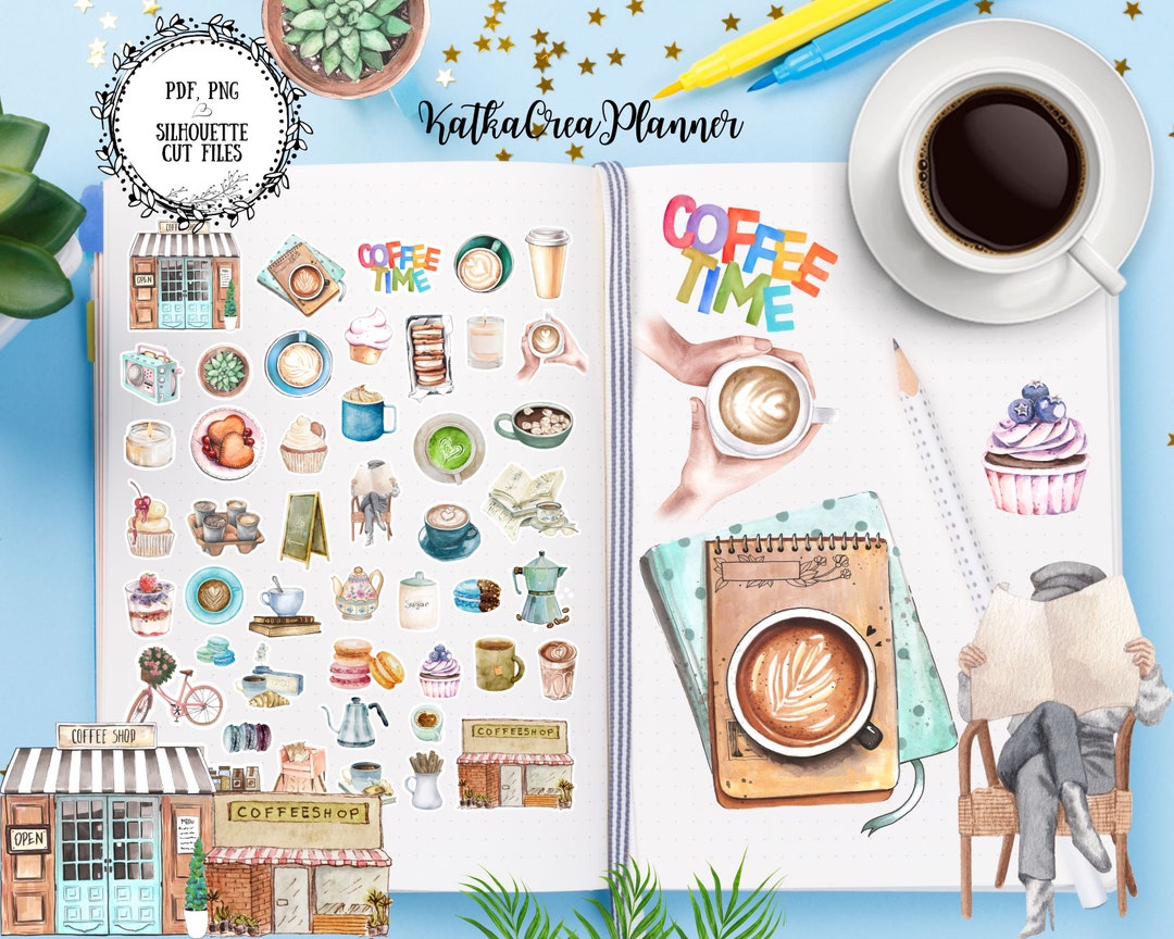 COFFEE SHOP Printable Planner Stickers, Watercolor Stickers, Bullet ...