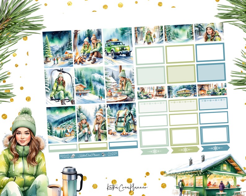 Winter Adventure Planner Stickers: Watercolor Skiing Weekly Kit ...