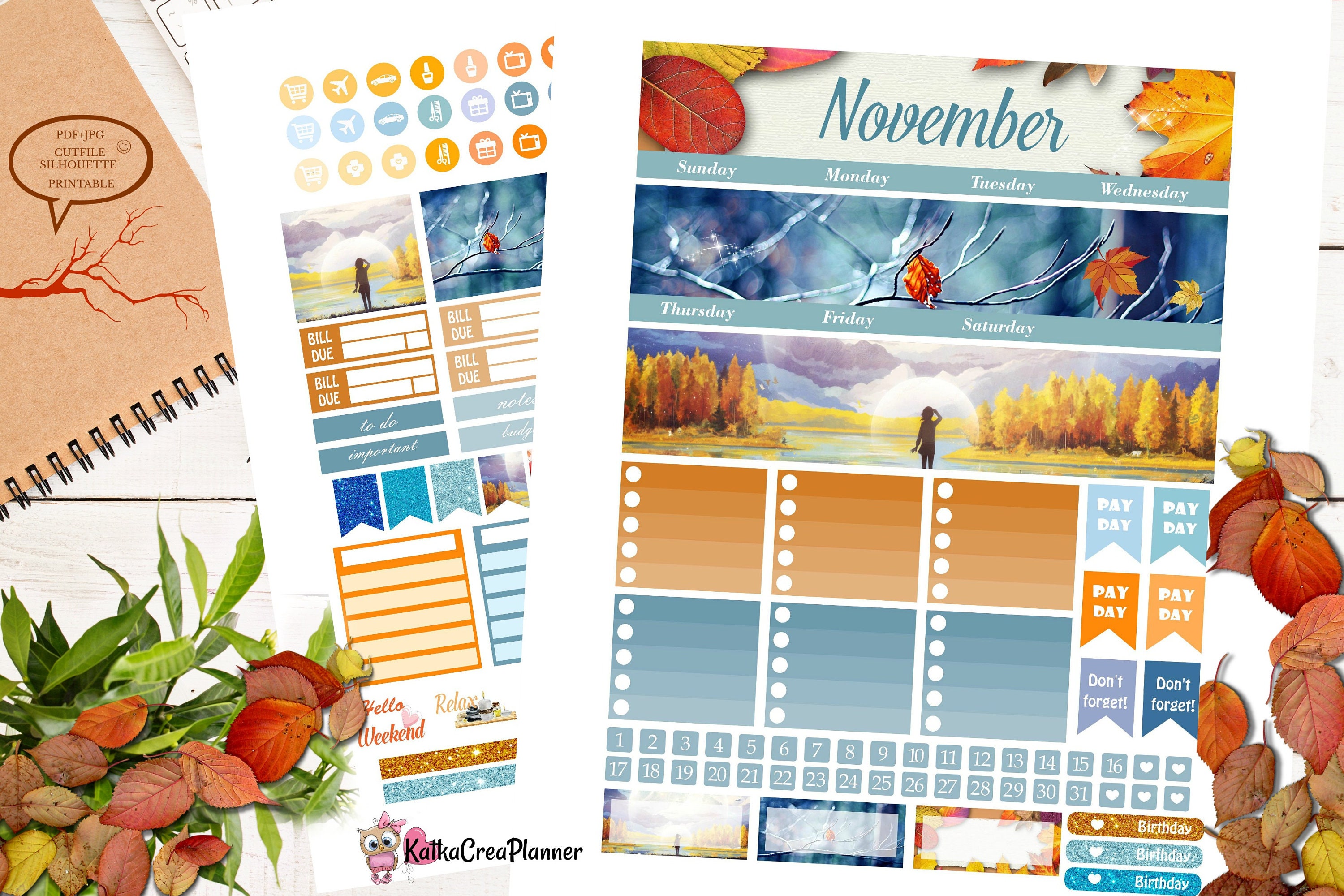 November Printable Monthly View Stickers Autumn Planner | Etsy
