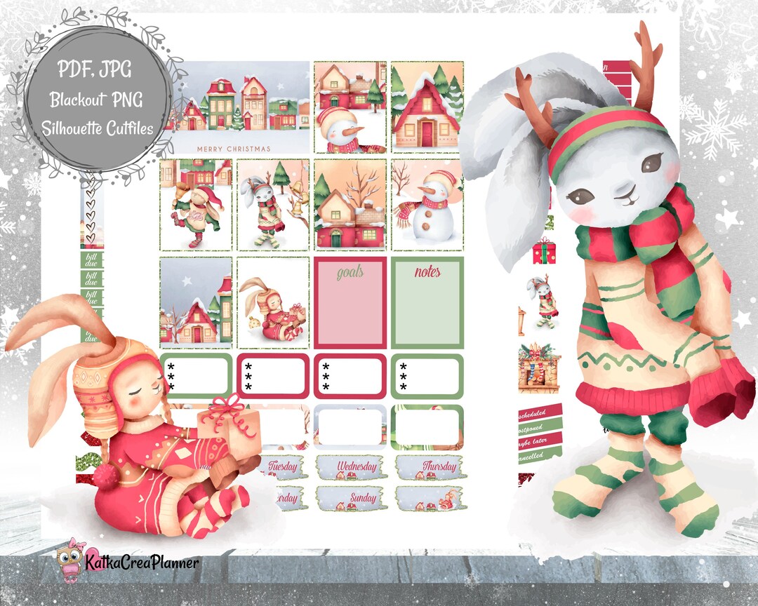 CHRISTMAS BUNNY Printable Planner Stickers for Erin Condren Planner ...