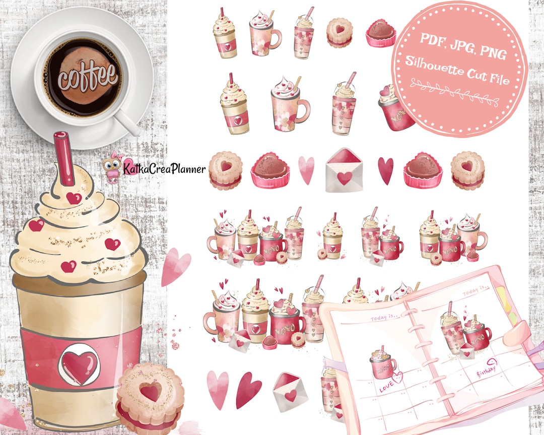 Valentines Coffee Stickers: Printable Planner Stickers (silhouette Cut ...